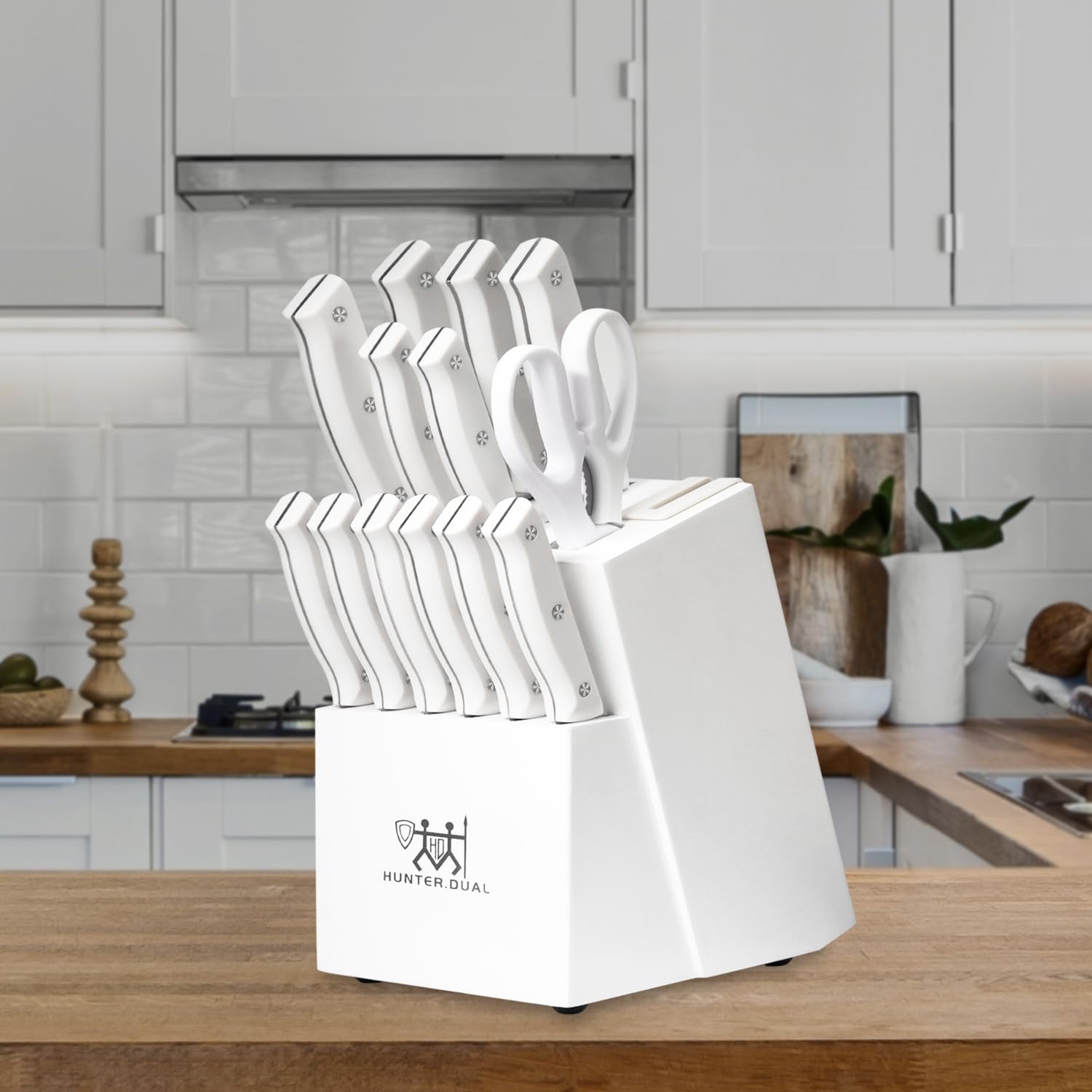 HUNTER.DUAL Knife Set, 15 Piece Kitchen Knife Set with Block Self Sharpening, Dishwasher Safe, Anti-slip Handle, Black