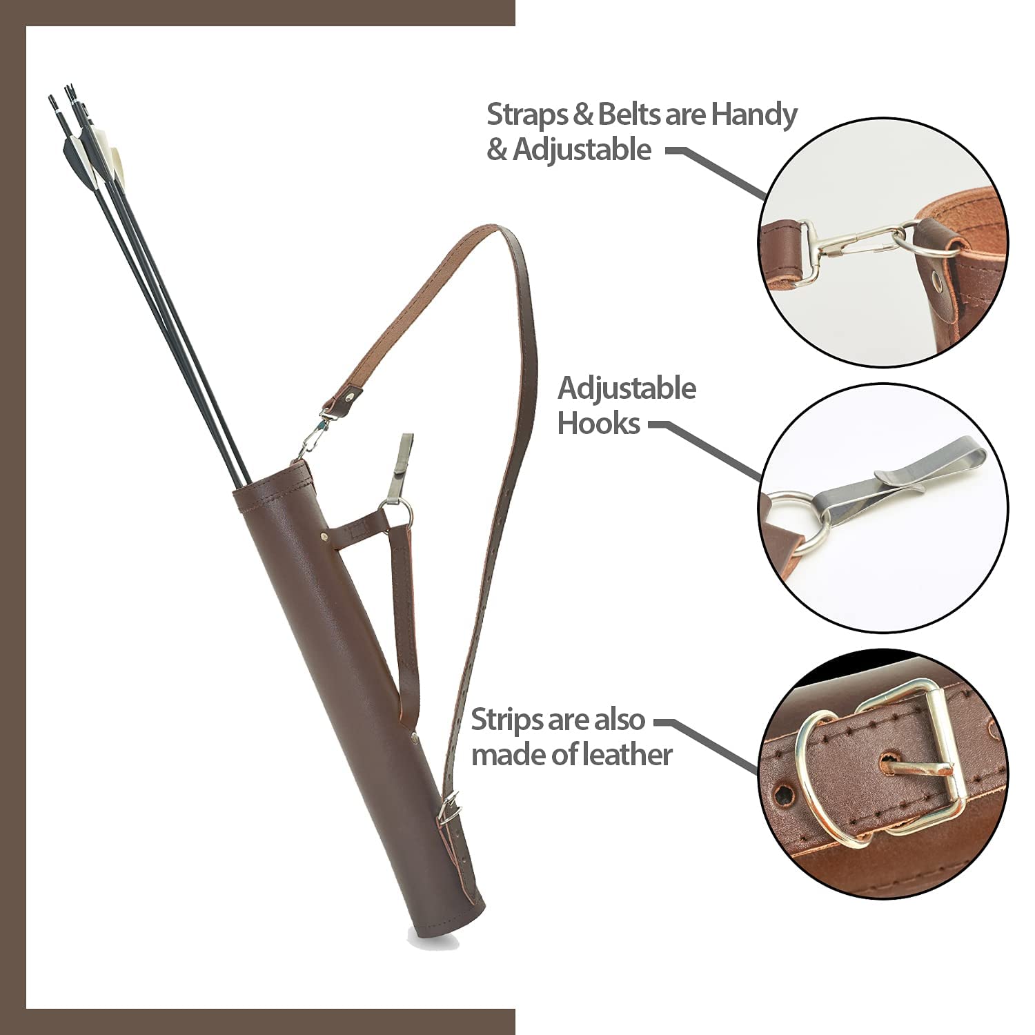 Leather Crafts Archery Back Arrow Quiver -Genuine Leather Arrow Quiver-Traditional Handmade Quiver for Arrows for Hunting & Target Practicing-Adjustable Lightweight & Comfortable (Brown, Cow Leather)
