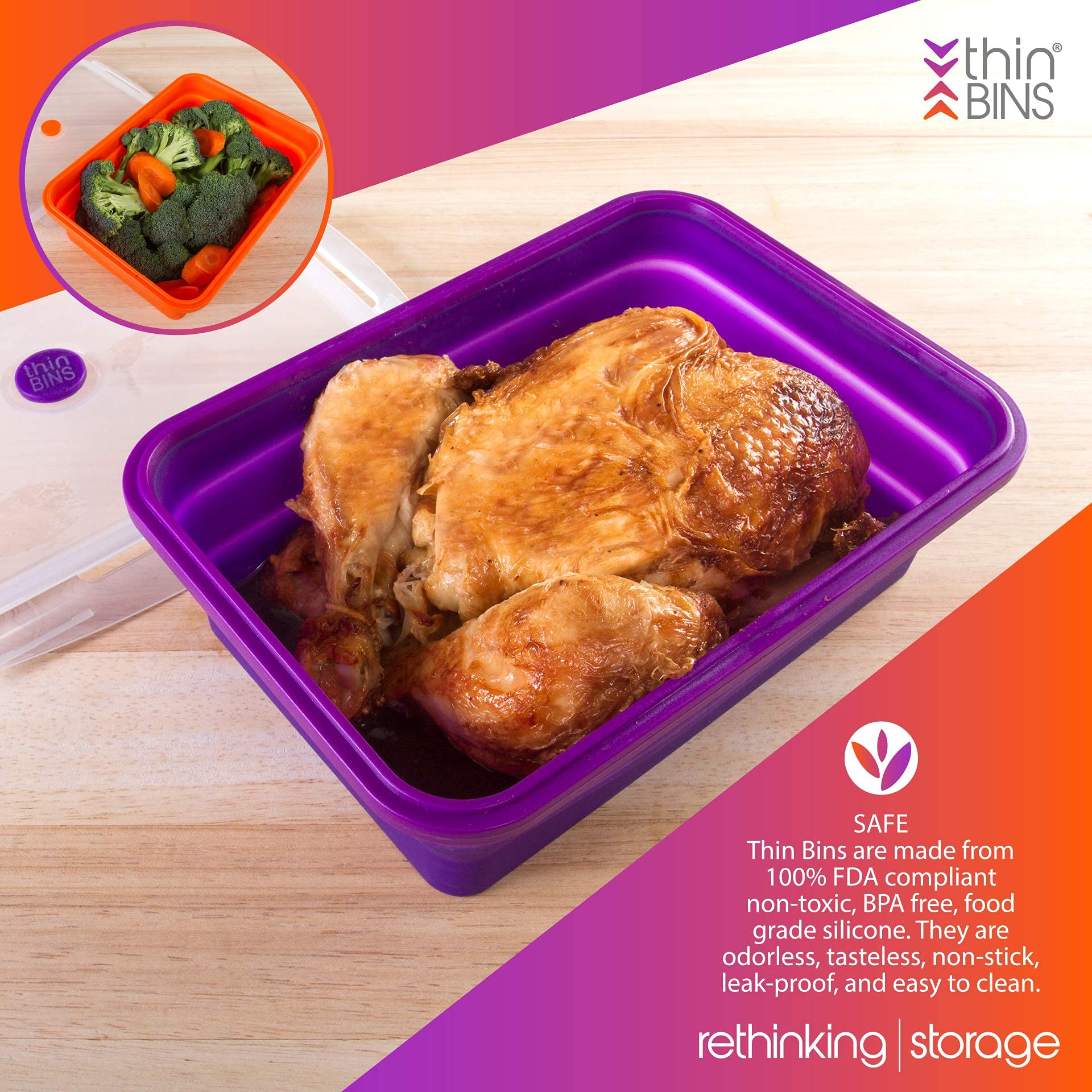 Kitchen + Home Thin Bins Collapsible Containers β Set of 2 Extra Large Rectangle Silicone Food Storage Containers β BPA Free, Microwave, Dishwasher and Freezer Safe