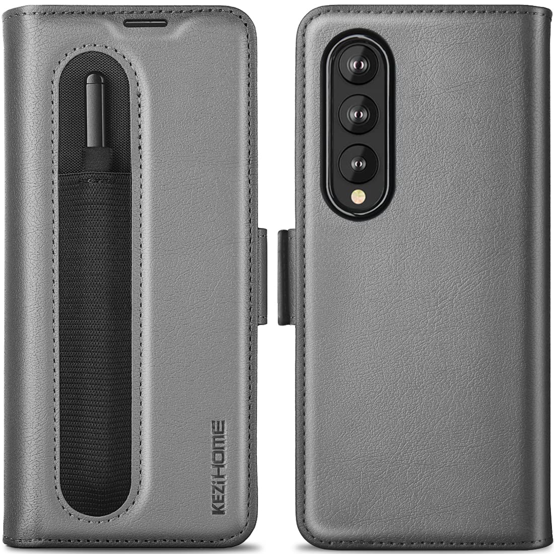 KEZiHOME for Samsung Galaxy Z Fold 3 Wallet Case with S Pen Holder, PU Leather [RFID Blocking] Card Slots Kickstand Flip Phone Cover Case Compatible with Galaxy Z Fold 3 5G (2021) (Gray)