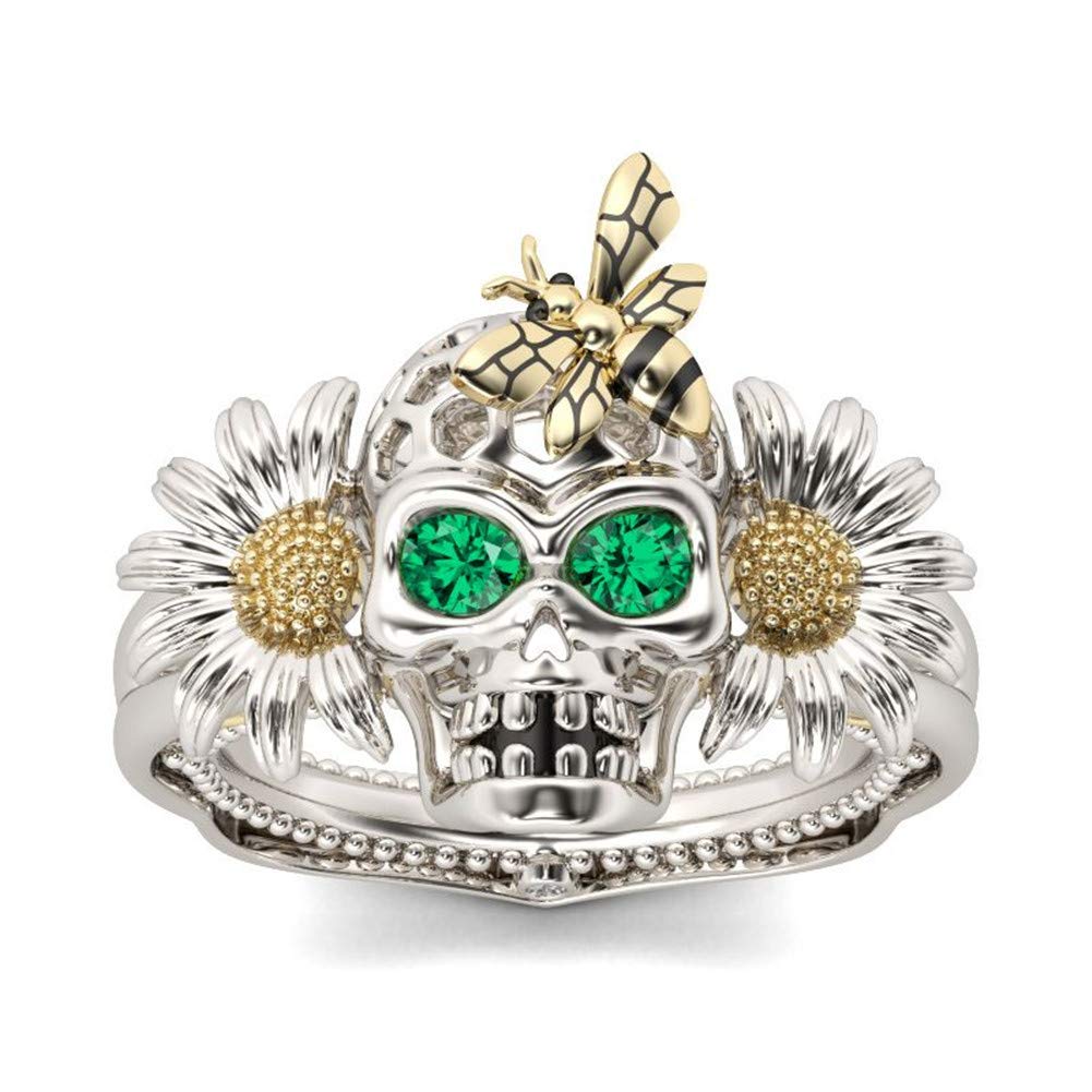 Jeulia 0.5 Carat Daisy Bee Rings Women 925 Sterling Silver Skull Engagement Rings with Emerald Eye Cubic Zirconia CZ Solitaire Wedding Rings Anniversary Promise with Jewelry Box (9)