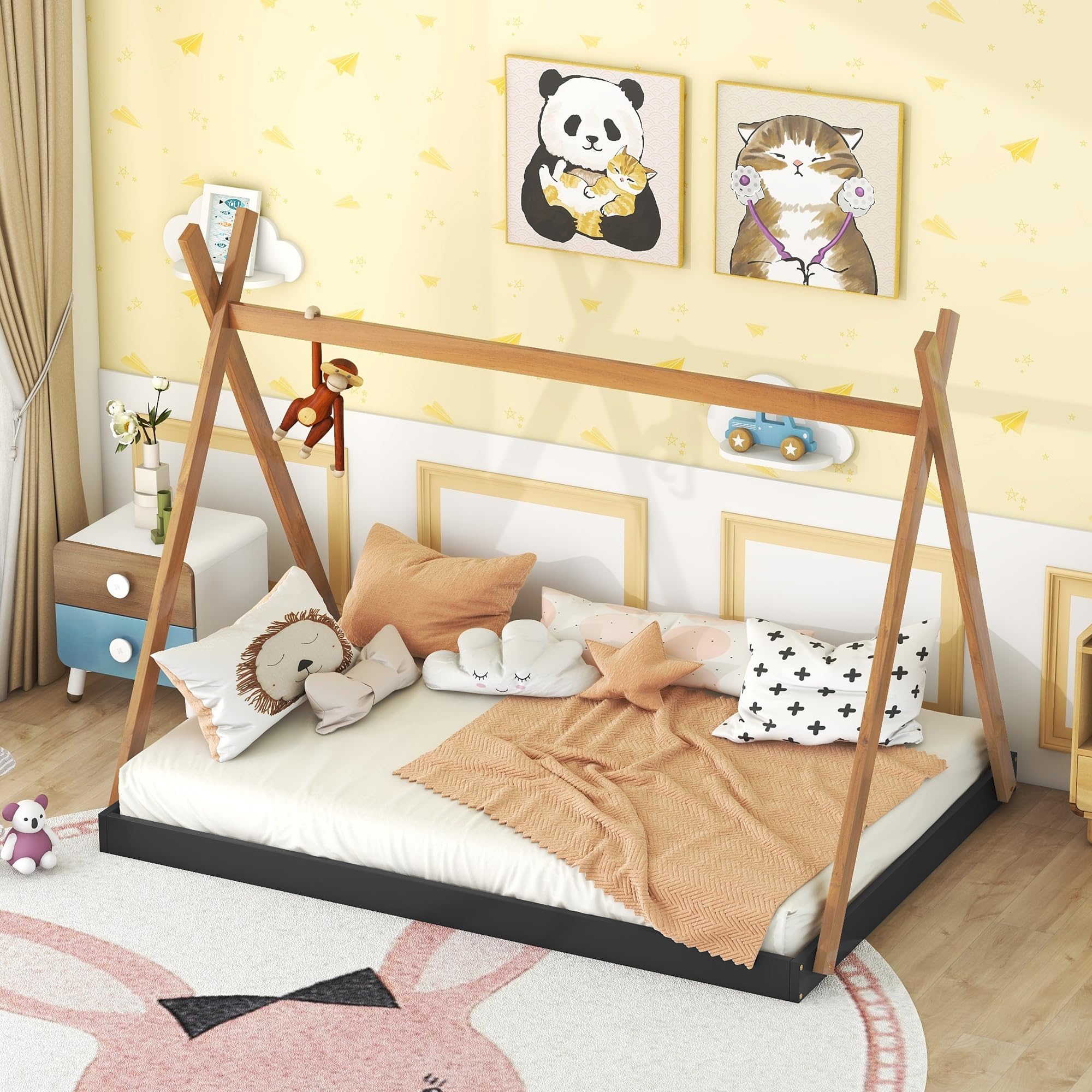 HZSSDTKJ Full Size 4-Poster Canopy Floor Bed with Support Legs, Solid Wood Canopy Platform Bed Frame with Slats Support for Kids Teens Girls Boys Adults, No Box Spring Needed (White-F1, Full)