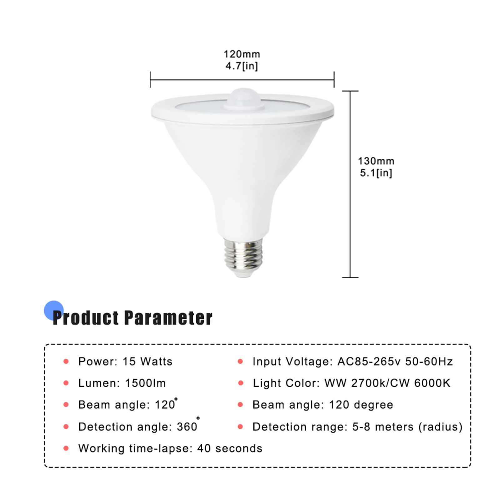 Luxvista Dusk to Dawn Flood Light PAR38 LED Bulb, E26 Motion Sensor, 15W Equivalent 150W, 1500lm, 120V, 6000K Daylight Recessed Light Indoor/Outdoor for Security Light Front Door (1-Pack)