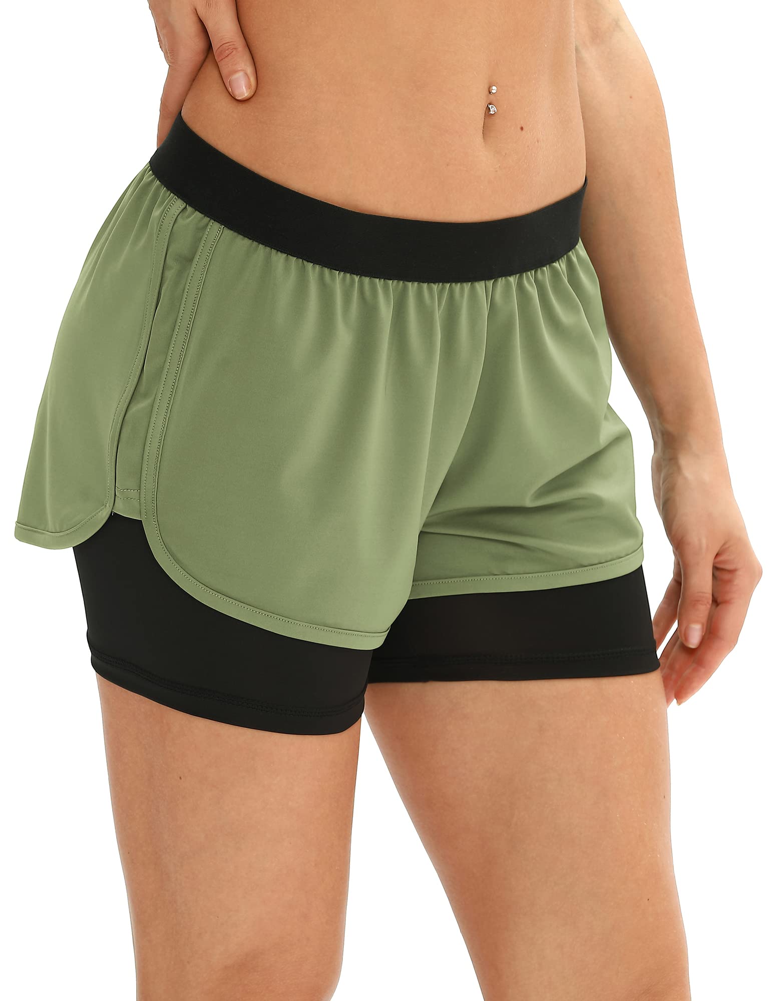 icyzone Running Yoga Shorts for Women - Activewear Workout Exercise Athletic Jogging Shorts 2-in-1 (M, Olive)