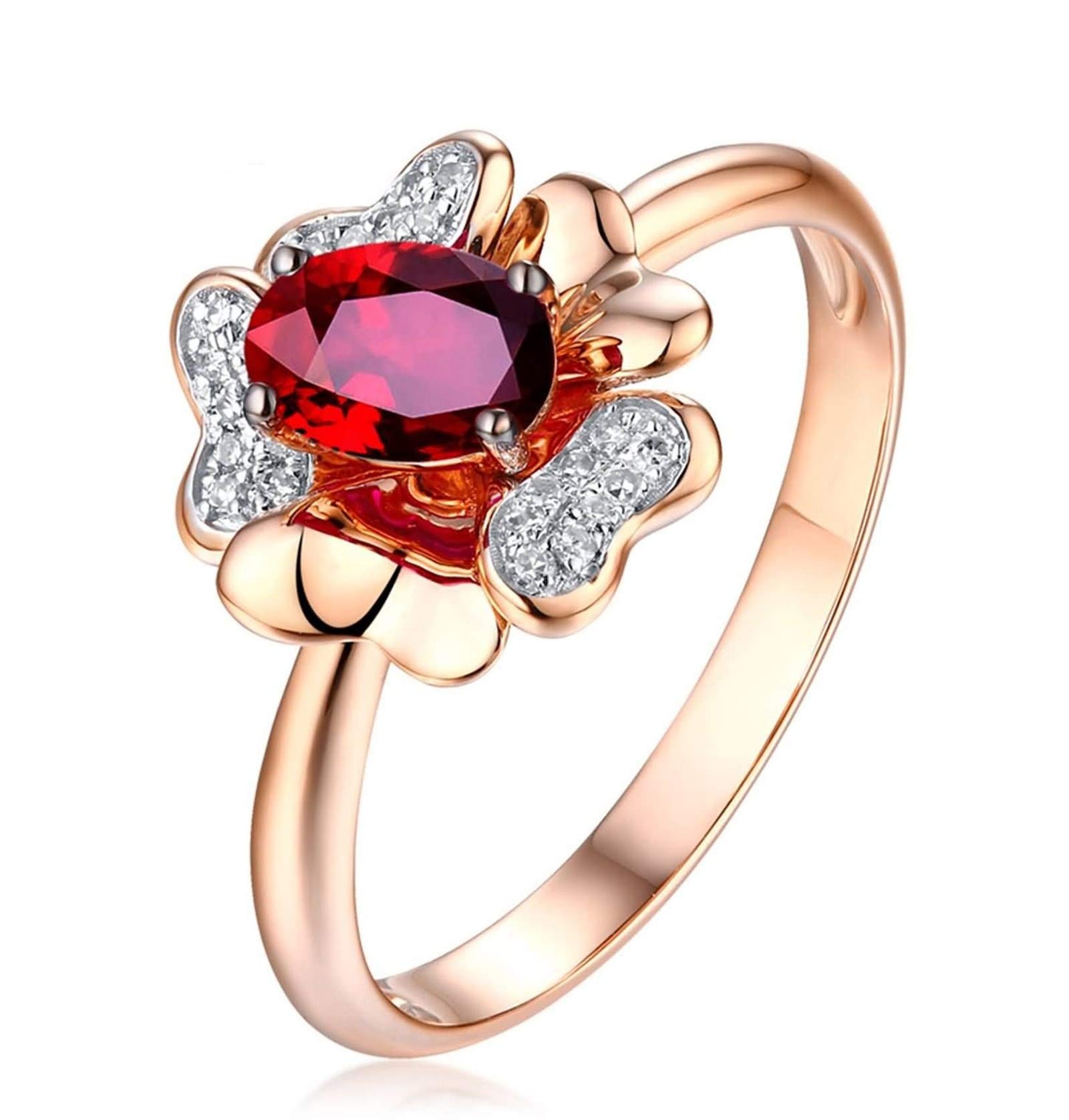 KnBoB Women Flowers Oval Shape 0.6ct Ruby Ring 18K Rose Gold Promise Wedding Engagement Bridal Anniversary Ring Size 7