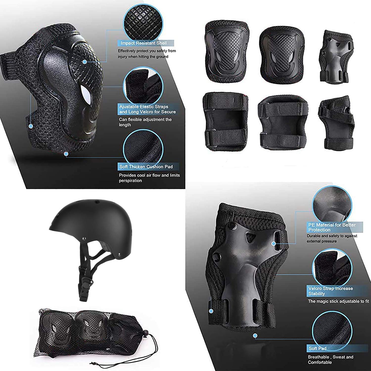 Joncom Knee Pads Elbow Pads Wrist Guards for Kids Youth Adult 3 in 1 Protective Gear Set for Skateboarding, Roller Skating, Rollerblading, Snowboarding, Cycling (Black4, Small)