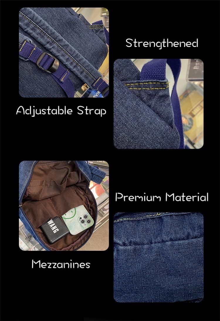 JHTPSLR Small Denim Backpack for Women Vintage Aesthetic Backpack Mini Denim Backpack Canvas Backpack Casual Daypack (Dark Blue)