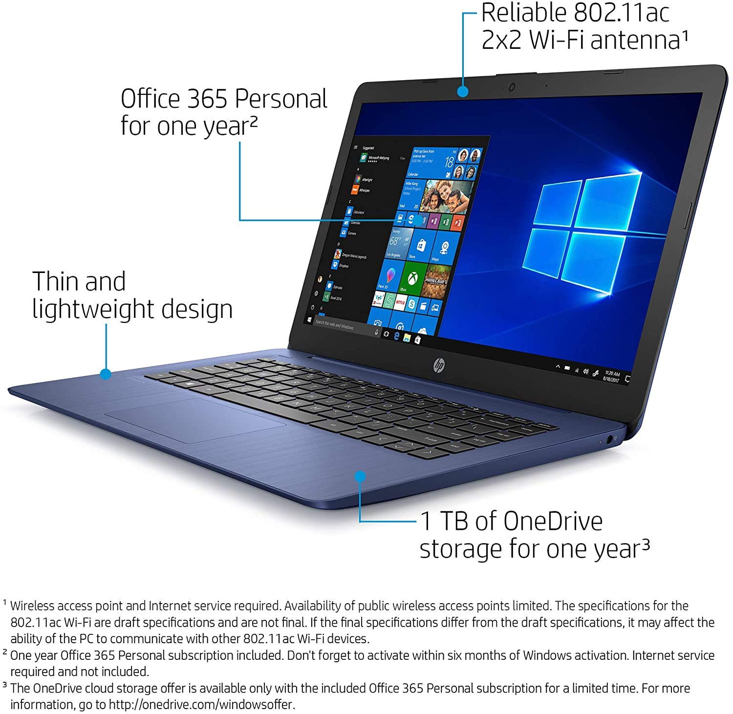HP Stream Laptop 14-ds0010ds 14" AMD A6-9220e AMD Radeon R4 Graphics 4 GB RAM 64 GB eMMC W10 Home in S Mode BT Webcam Blue(Renewed)