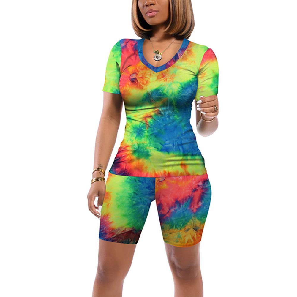 JNINTH Two Piece Tie Dye Outfits Casual V Neck Women Tracksuits Shorts Sets (Bright Green, s)
