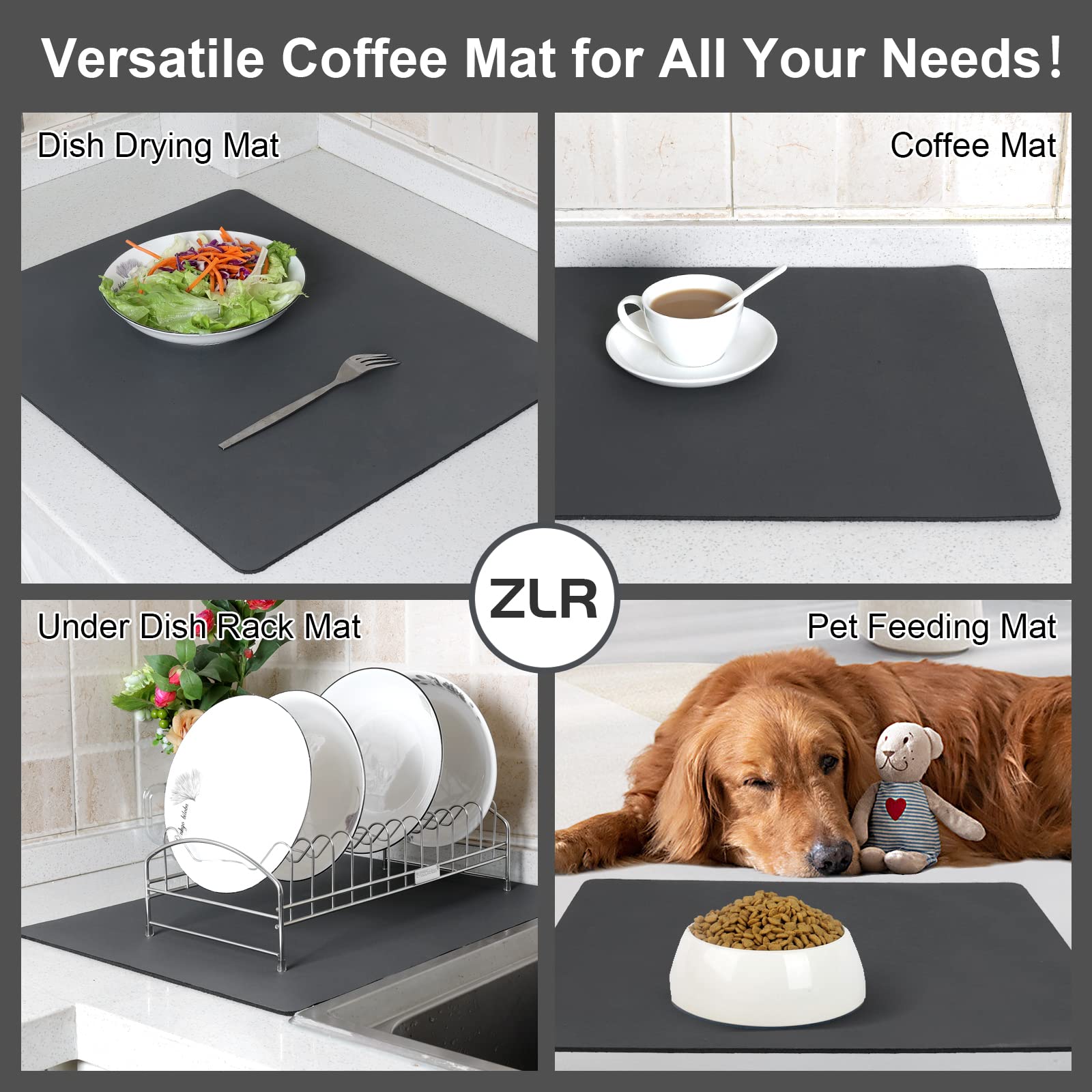 ZLR Coffee Mat - 12" x 20" Middle Kitchen Absorbent Mat for Countertop - Easy to Clean Coffee Bar Mat for Coffee Machine, Coffee Maker, Espresso Machine - Gray