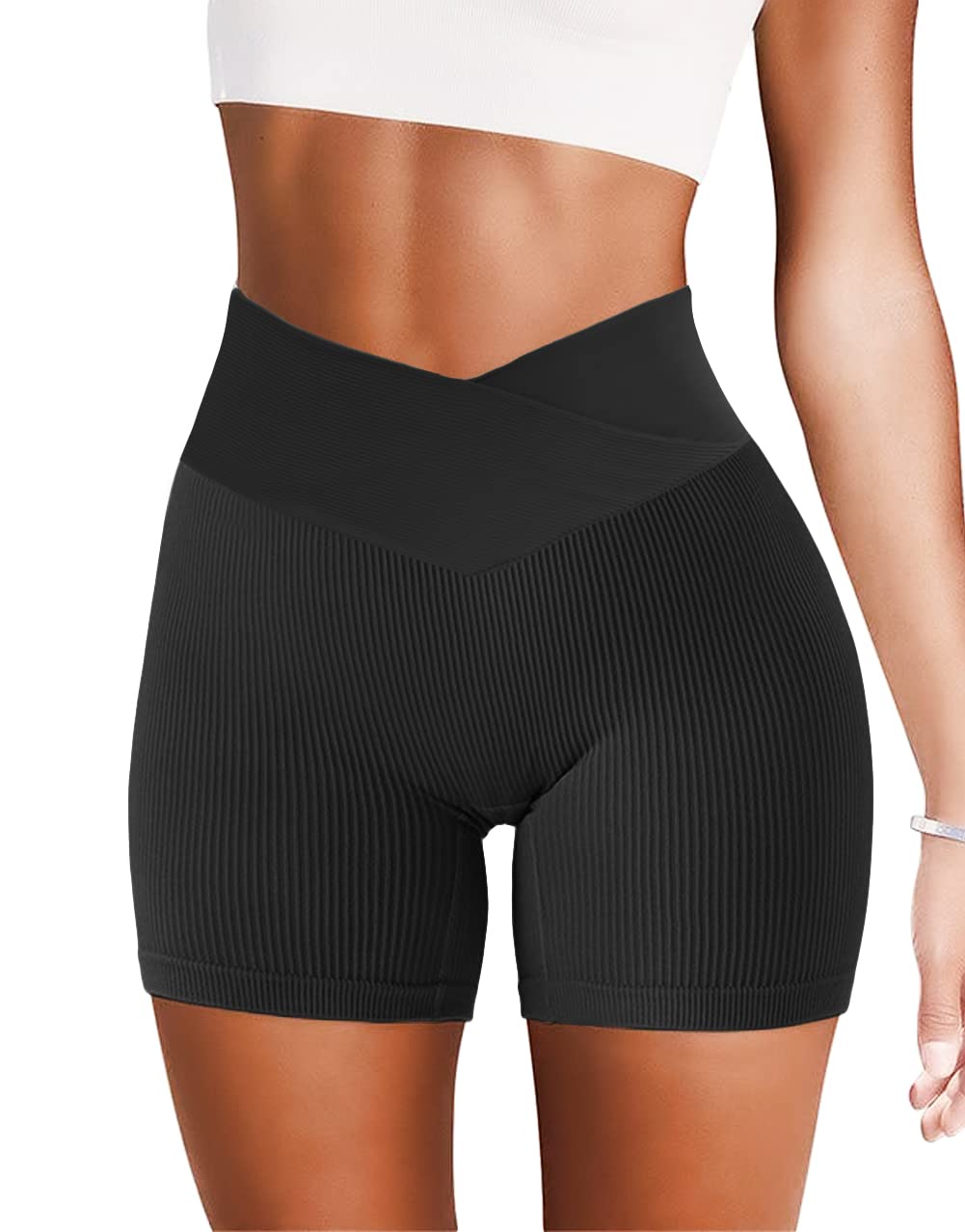 KIWI RATA Women V Cross Waist Workout Shorts Butt Lifting High Waisted Biker Shorts
