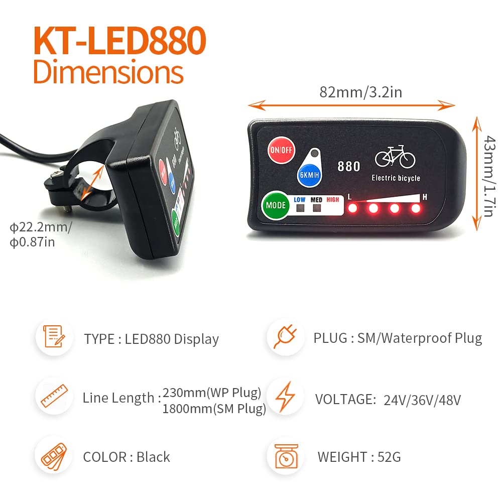 HUDAMZKY Electric Bicycle Display 36V 48V,KT LED-880 E Bike Display Matches Controller for Ebike Accessories (LED880 SM Plug)