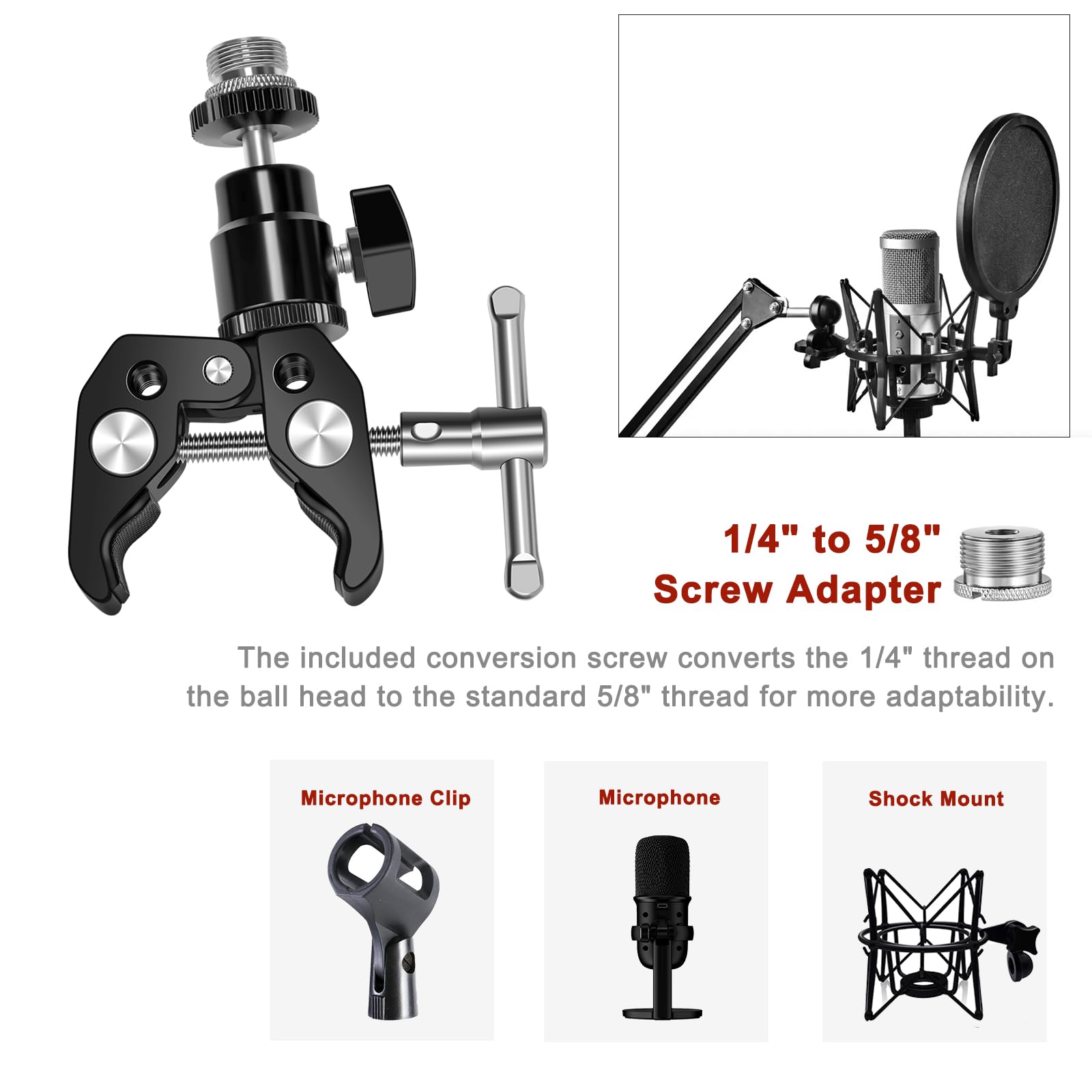 Lanxire Super Clamp Mic Clip Mic Mount with Mini Ball Head for Microphones - Max Load 4.4lb/2kg - 1/4ββ Female to 5/8ββ Male Thread Adapter Included