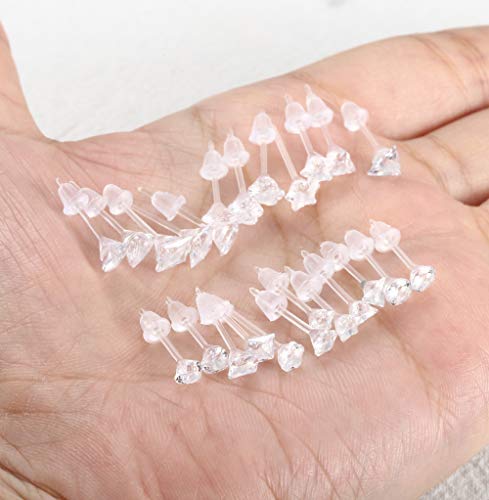 Jstyle 12Pairs Clear Plastic Stud Earrings for Women Acrylic Post Star Heart Rhinestone Ear Studs Piercing Retainers