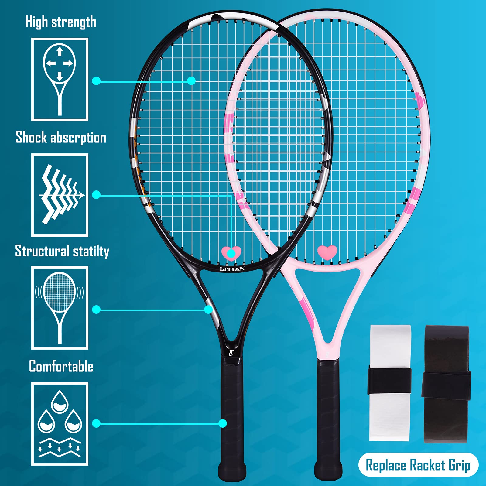 LITIAN Tennis Rackets for Adults 2 Pack includes 2 Tennis Rackets, 2 Replacement Overgrips, 2 Heart Shaped Shock Absorbers, 1 Exquisite Racket Bag,3 Tennis Balls…