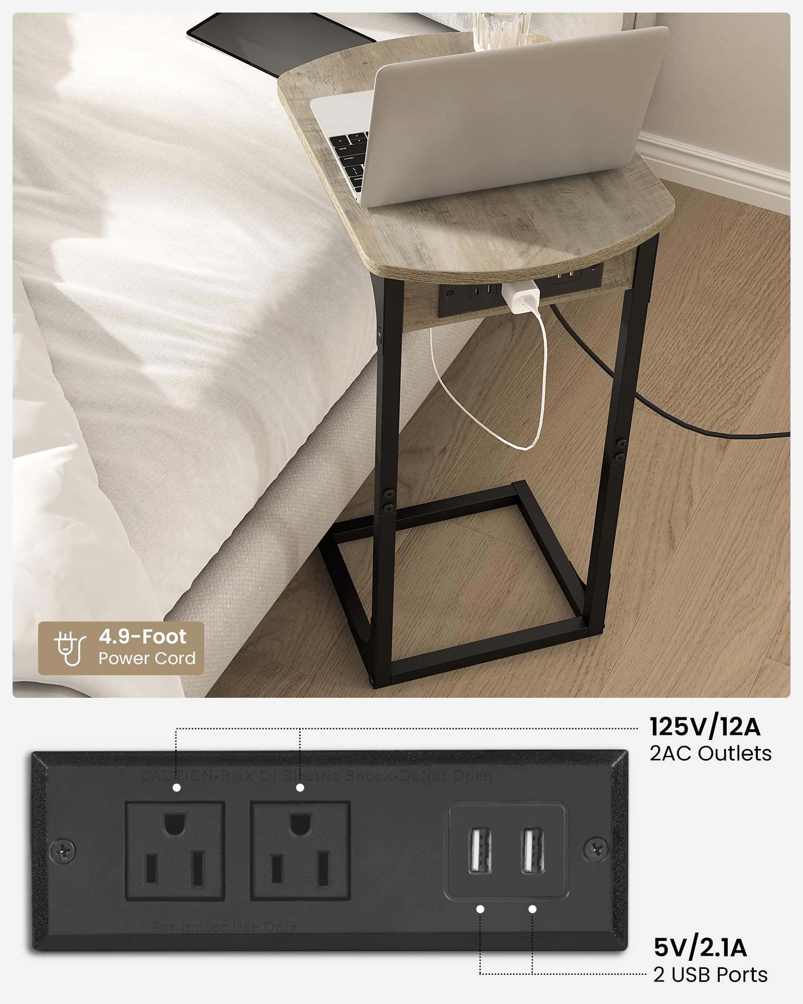 Hzuaneri L Shaped End Table with Charging Station, Bed Side Table with USB Port & Outlet, Couch Table, C Snack Table for Living Room, Bedroom, Greige and Black ET04905B