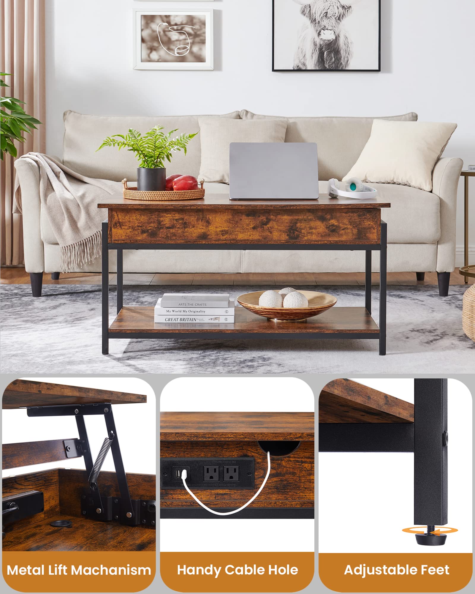 Hzuaneri Lift Top Coffee Table - with Charging Station, Modern Coffee Table with Hidden Compartment and Open Shelf, Metal Frame, for Living Room, Office Reception, Rustic Brown and Black 01701BCT