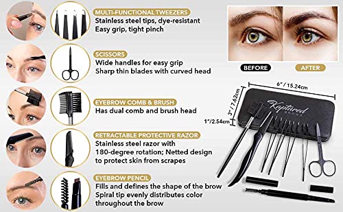 KAPTURED Eyebrow Kit, Professional 8 pc Eyebrow Grooming Kit for Women With Travel Case, Eyebrow Razor, Tweezers, Scissors, Eyebrow Comb and Brush, Brown Eyebrow Pen