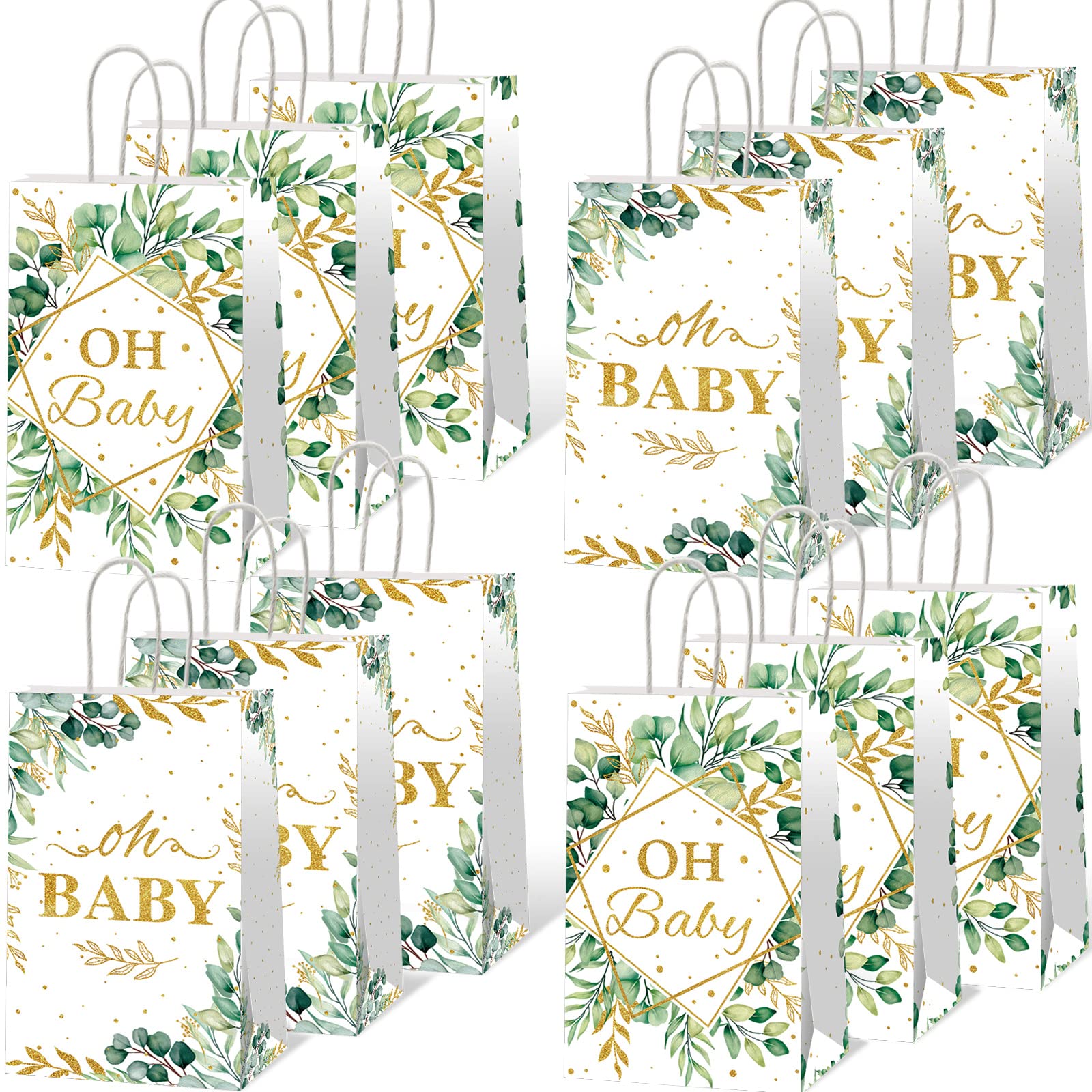 ZOIIWA 12pcs Oh Baby Party Favors Bags Sage Green Candy Bags Eucalyptus Leaf Treat Bags Gold Foil Greenery Goodie Bags for Sage Boho Woodland Neutral Baby Shower Party Decorations Supplies