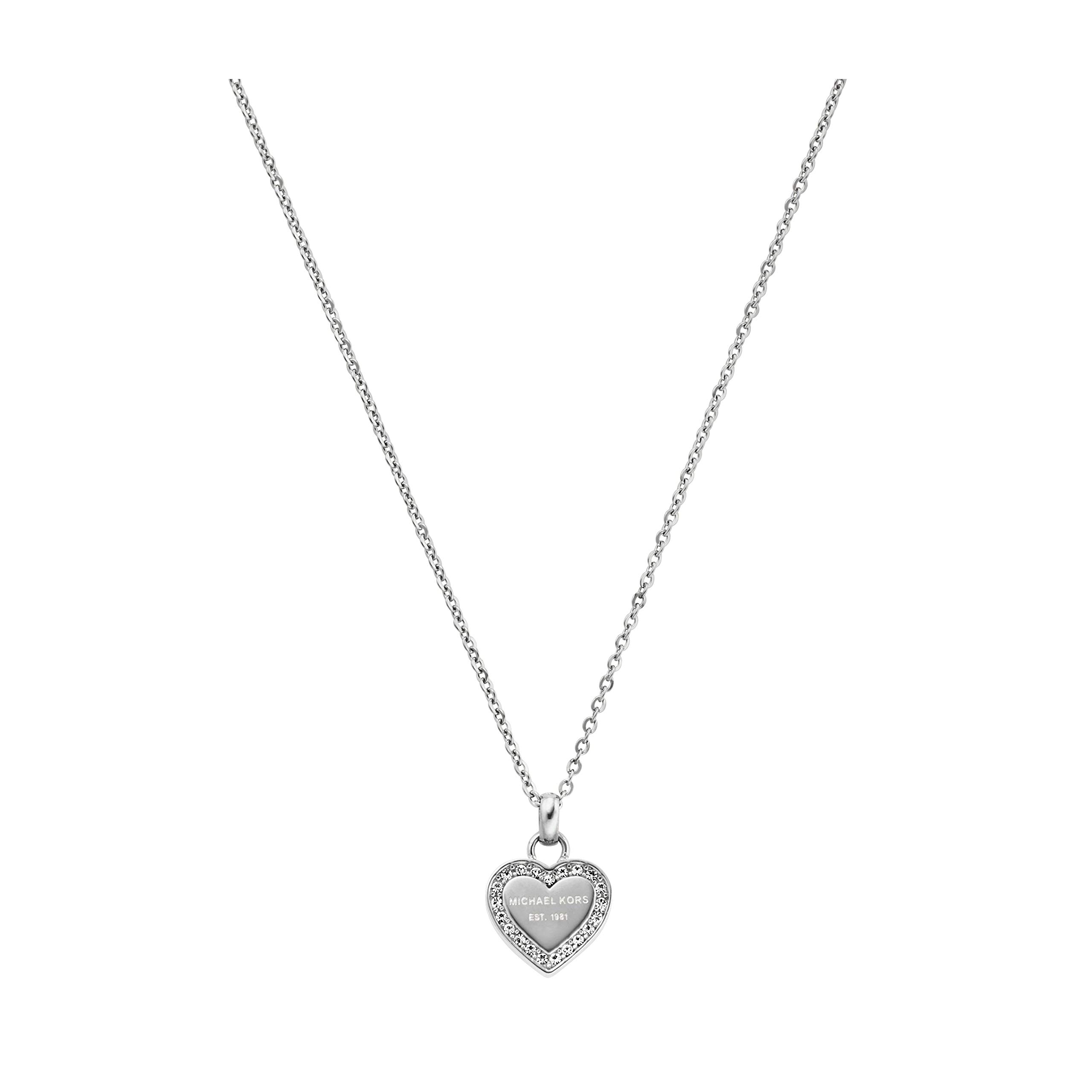 Michael Kors Brass and Pavé Crystal MK Logo Pendant Necklace for Women, Color: Silver (Model: MKJ8024040)