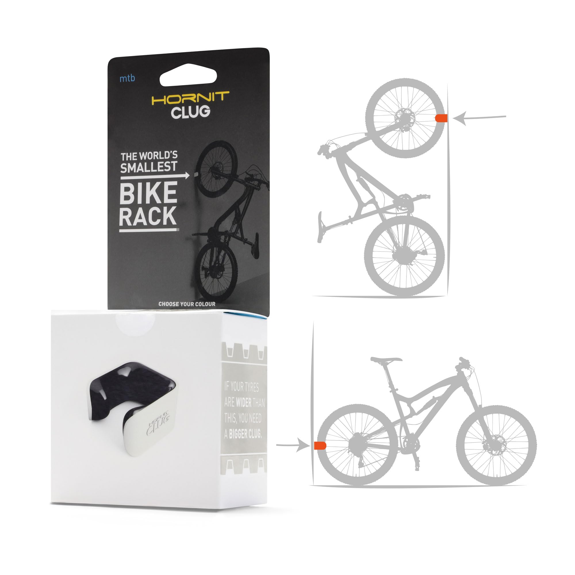 Hornit CLUG Bike Clip Storage Rack & Mount System - World’s Smallest Bike Rack for Indoor/Outdoor Bike Storage - Won't Damage Rims, Tires - Roadie Fits Tires 1" - 1.25" / 23-32mm - Black/Black