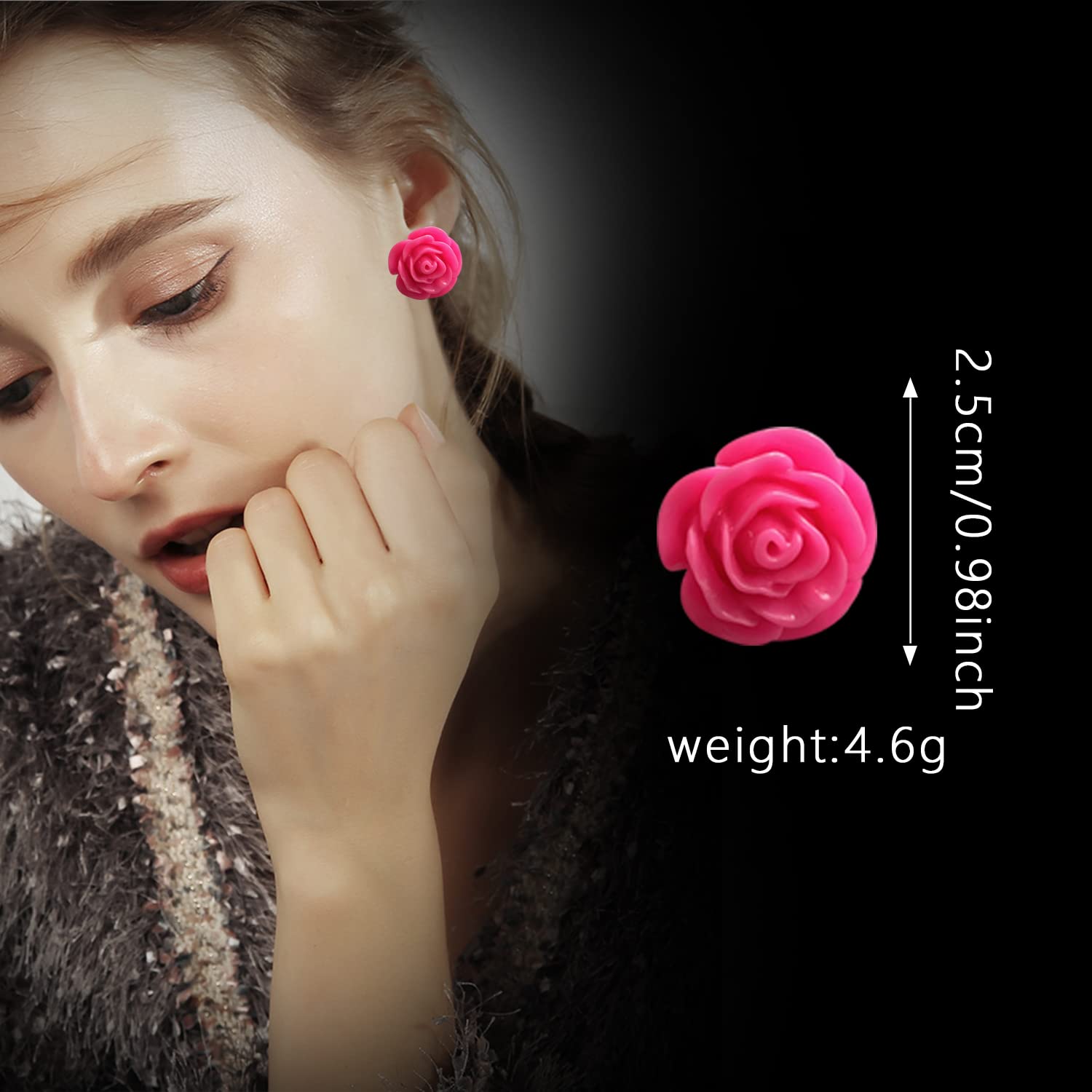 Just Follow 6 Pairs Assorted Colors Resin Rose Flower Earring Studs Set Stainless Steel Post (Yellow+Pink+Green+Purple+White+Red)