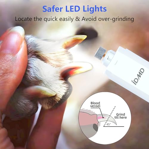 IDMD dog nail trimmers-Powerful 2-Speed dog nail grinder-with safe LED lighting and battery capacity indicator light & type-c USB rechargeable quiet pet nail grinder clipper for dogs/cats(White)