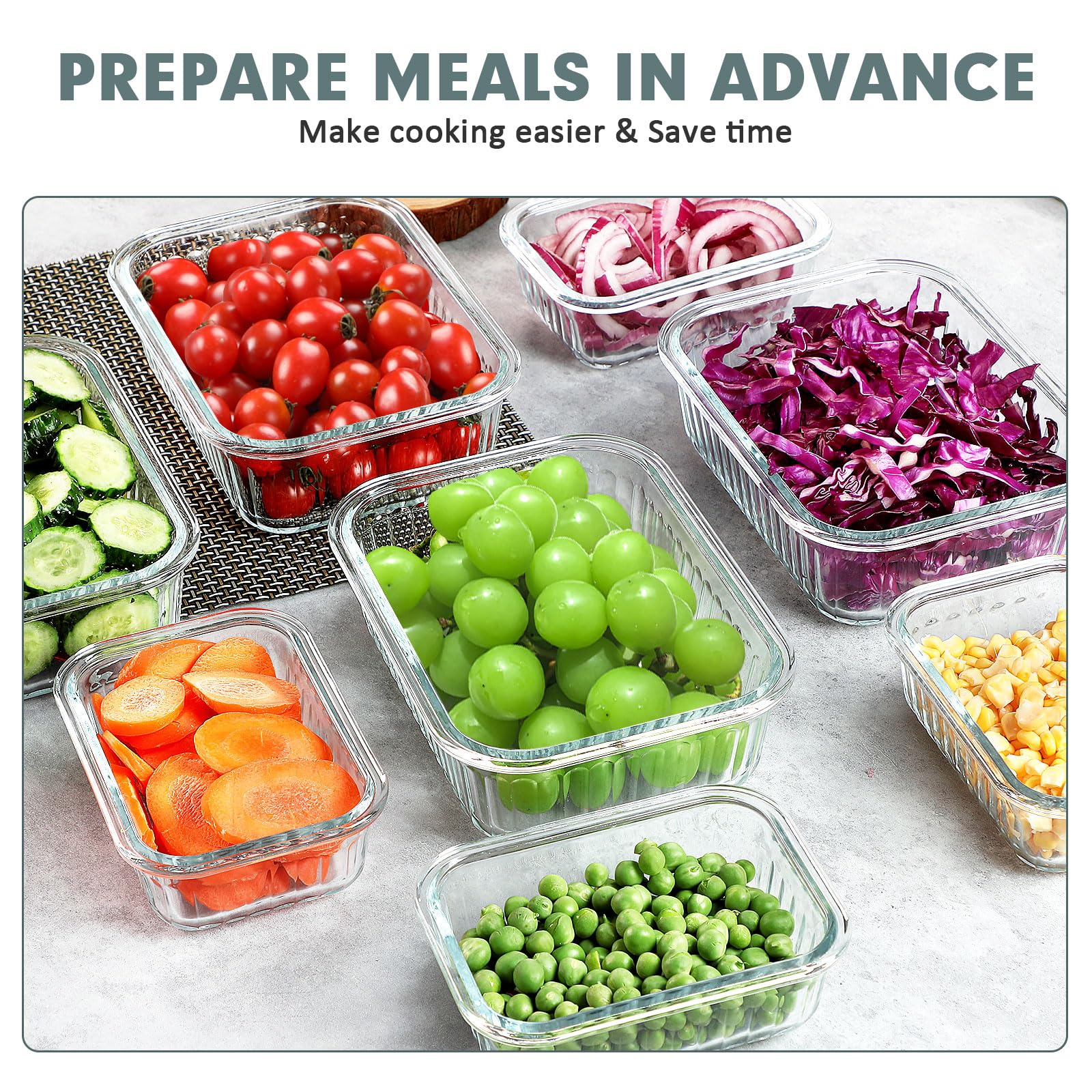 KOMUEE 10 Packs Glass Meal Prep Containers with Lids, Glass Food Storage Containers Set, Airtight Lunch Containers, Microwave, Oven, Freezer and Dishwasher Friendly, Gray