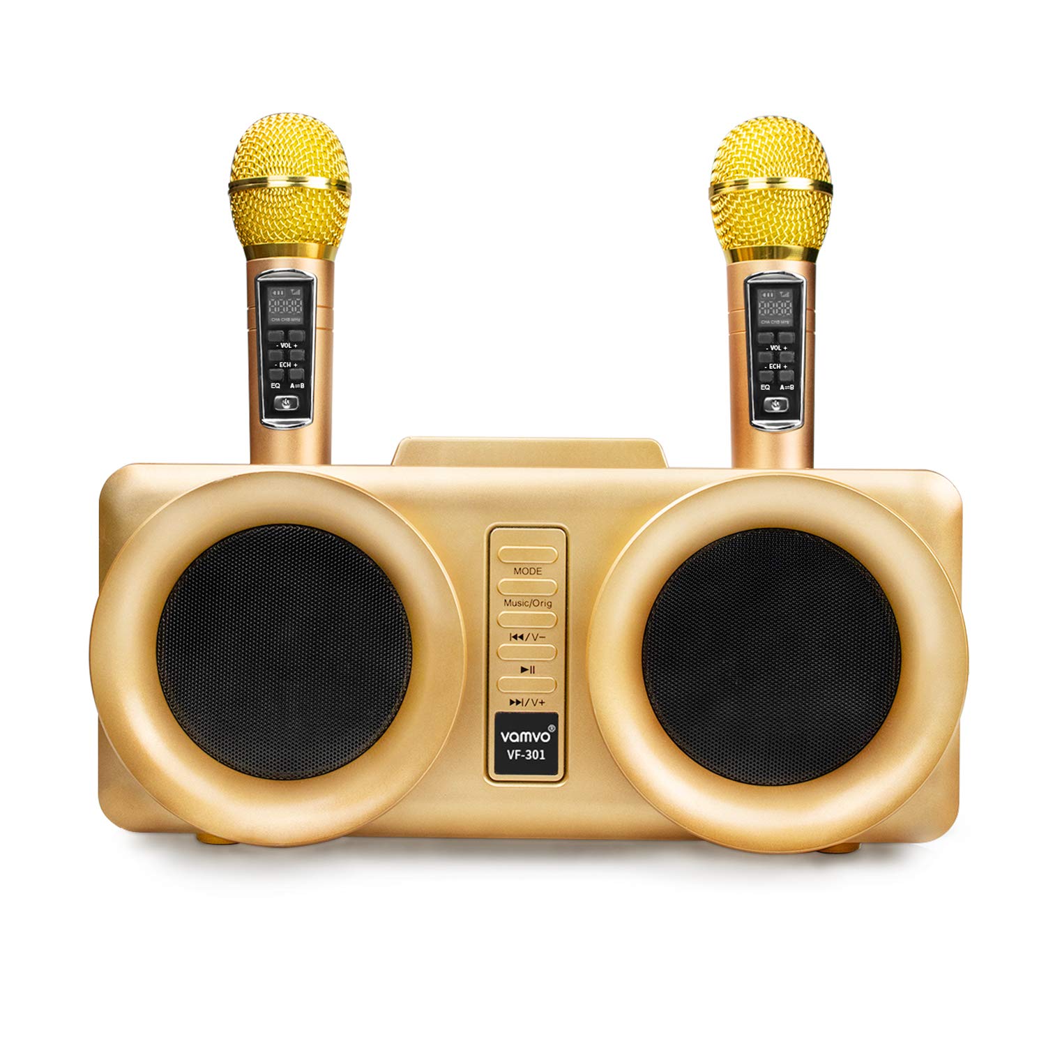 Karaoke Machine, vamvo VF-301 15W*2 Rechargeable Bluetooth Speaker with 2 Wireless Microphone, Portable PA Speaker System for Kids & Adults