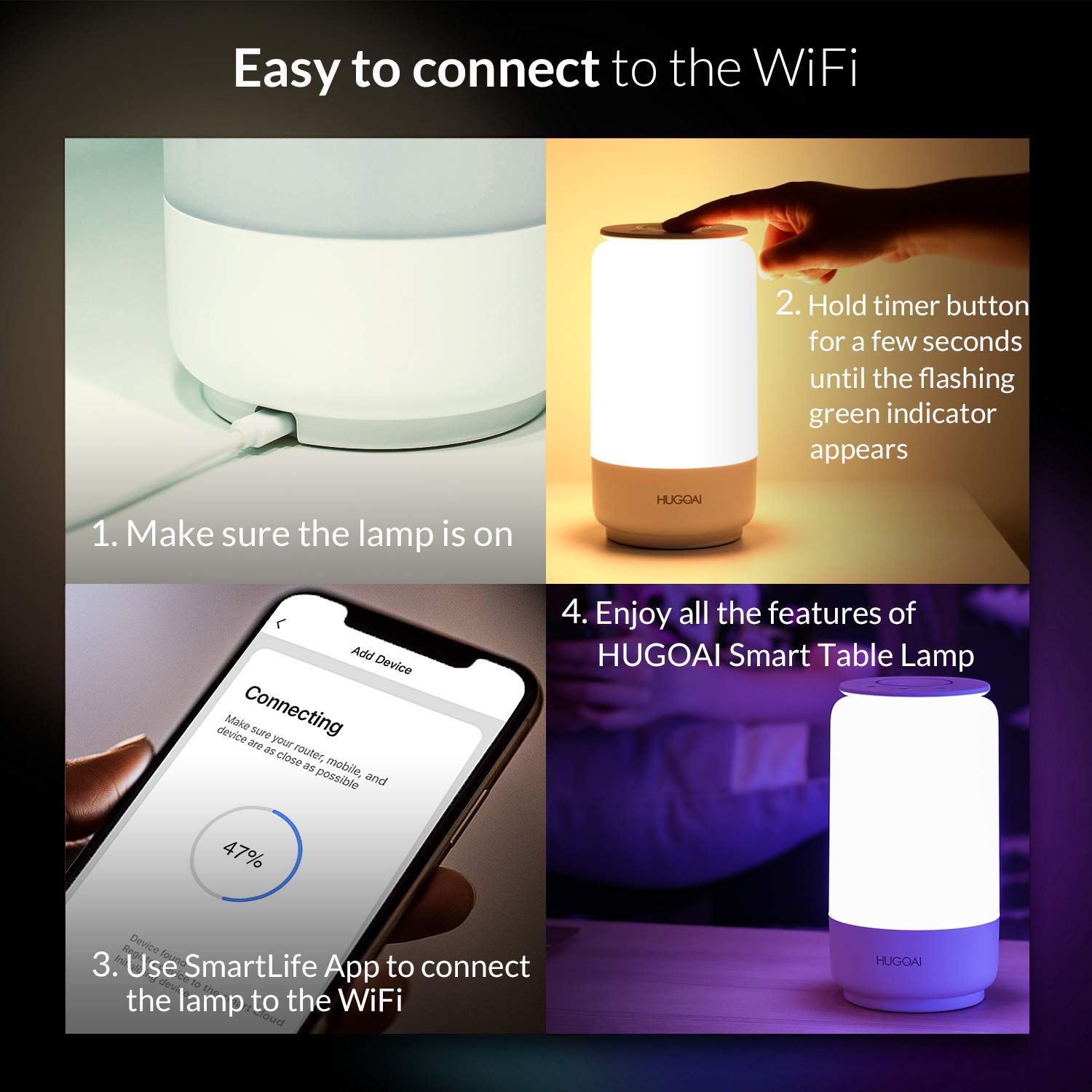 HUGOAI Smart Table Lamp, Dimmable RGBW Bedside Lamps for Bedroom, Works with Alexa and Google Home, LED Nightstand Lamp, No Hub Required, Grey【2022 Updated Version】