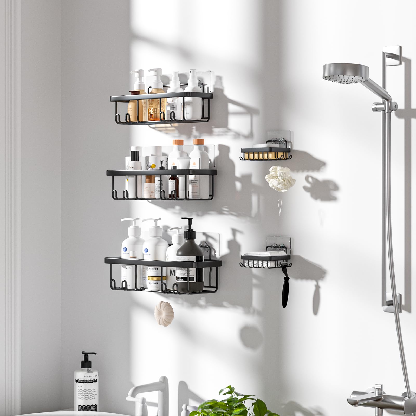 ksdenuov Shower Caddy 5 Pack, Shower Organizer, Self-Adhesive Shower Shelves, No-Drilling Shower Rack, Large Capacity, Rustproof, Shower Shelf for Inside Shower - Black