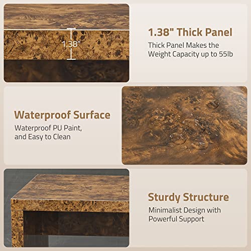 WISOICE Mid Century Modern Coffee Table for Living Room Tables Luxury with Waterproof High Gloss Burl Veneer Finish, Rustic Brown Rectangle Wooden Coffee Center Table (40" W x 22" D x 18" H)