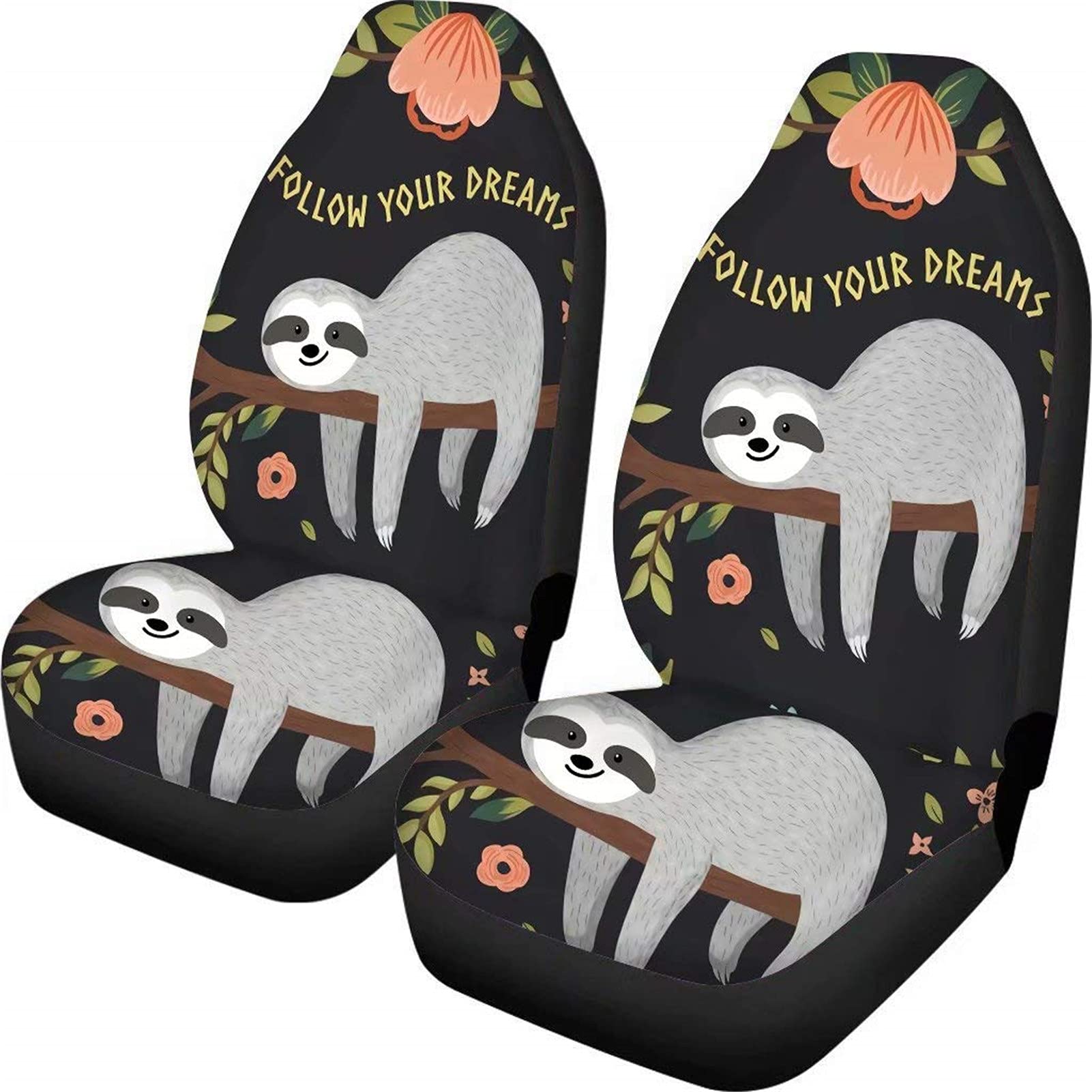 HUGS IDEA 2 Piece Full Set of Car Seat Protectors Cute Follow Your Dreams Sloth Printed Vehicle Seat Protector Car Mat Covers