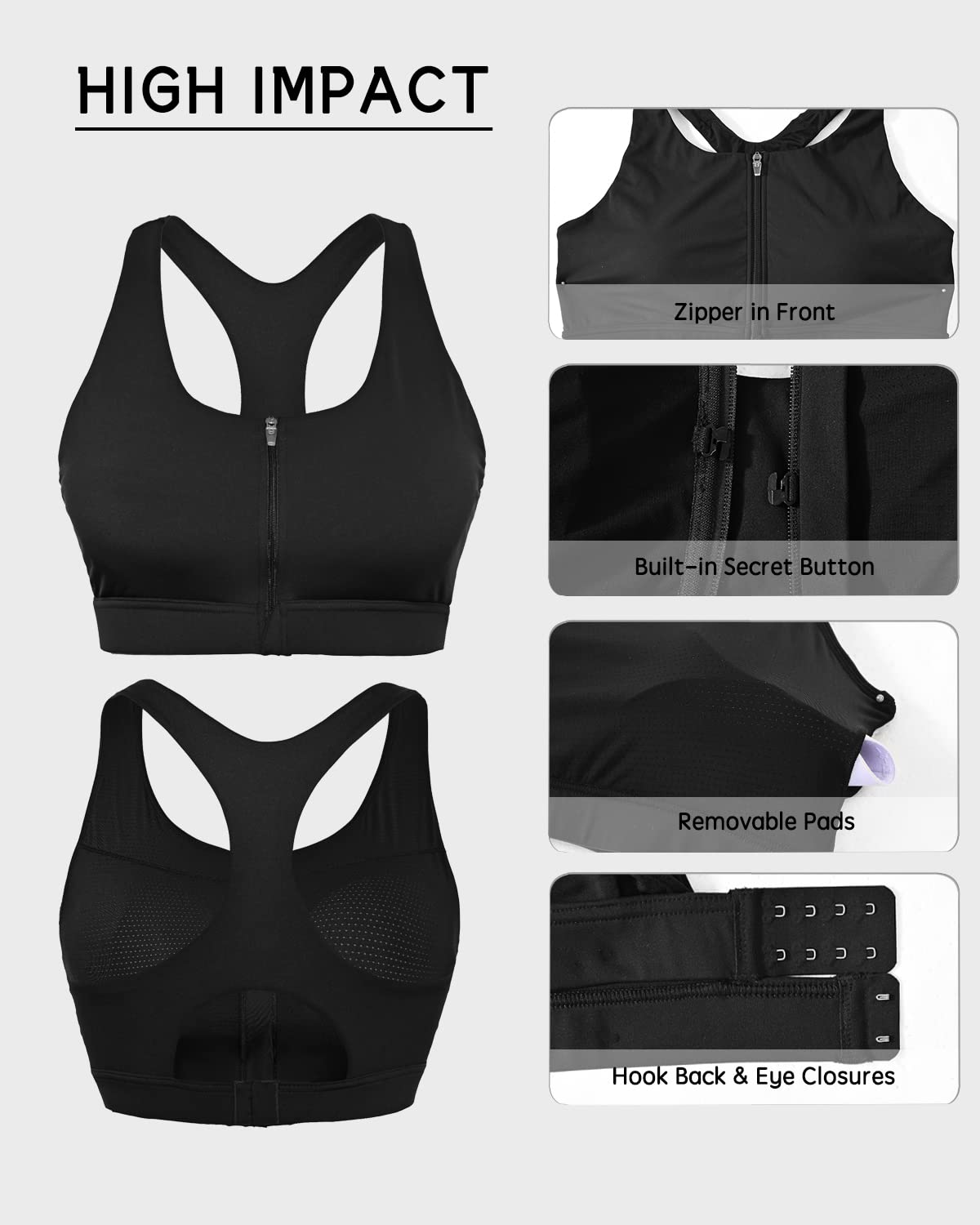 MARINAVIDA Plus Size Zipper Front Sports Bra High Impact Racerback Bras for Women Black Padded Workout Crop Tops 2X/3X/4X/5X