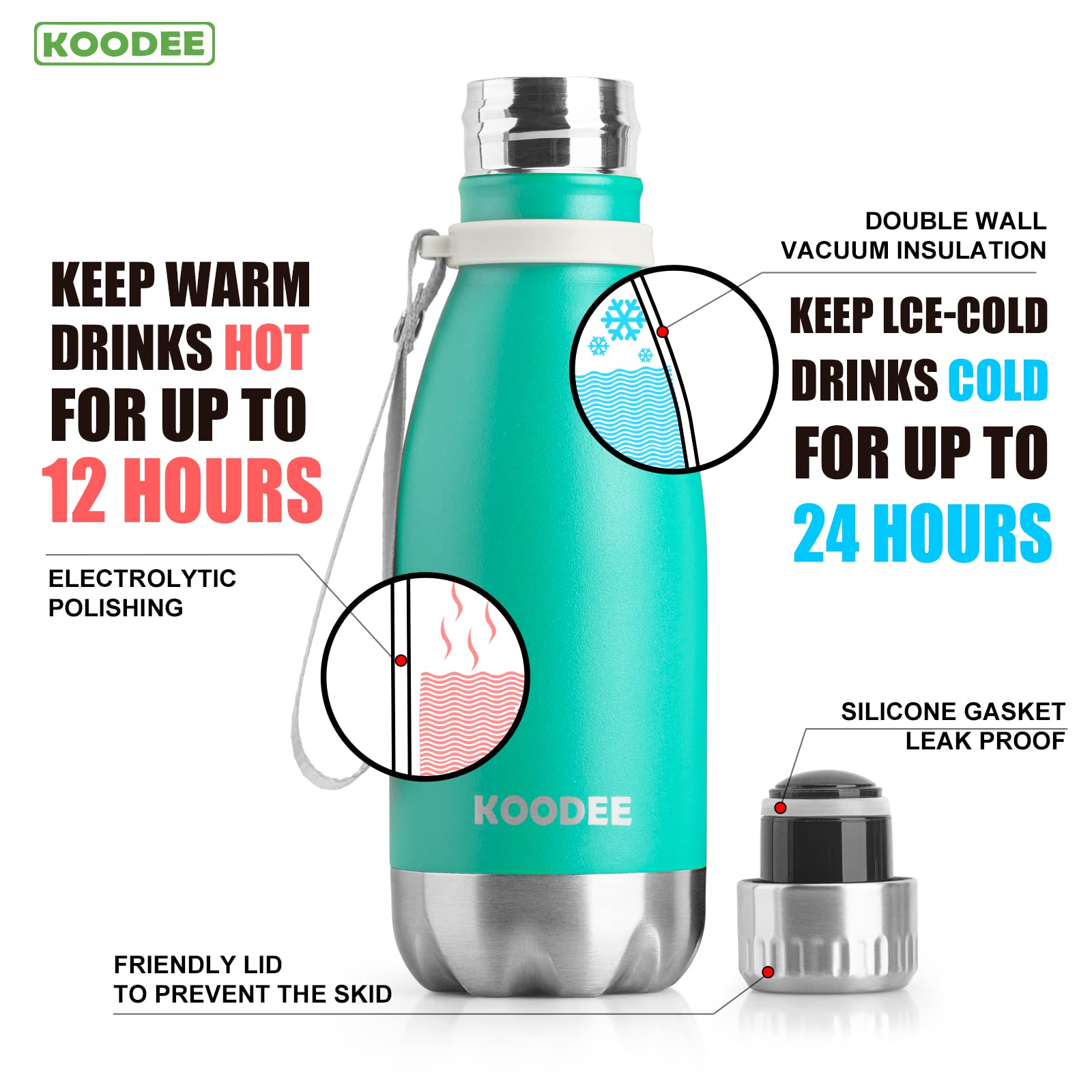 koodee Small Water Bottle 9 oz Stainless Steel Double Wall Vacuum Insulated Water Bottle BPA Free-Reusable Metal Leak Proof Water Flask (Black)
