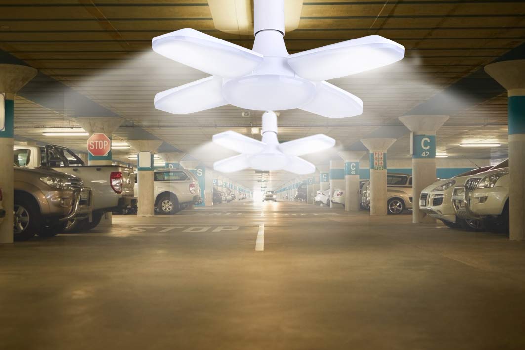 HZMENG LED Garage Lights 4 Pack, Tribright Garage Ceiling Lighting 6000LM, 60W E26 / E27 Daylight Lamp with 4 Adjustable Panels for Garage, Workshop, Warehouse, Workbench, Barn, Shop, Basement