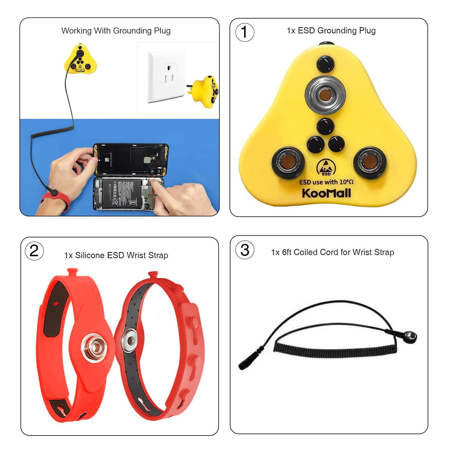 Pack 2, KooMall Anti-Allergic Silicone ESD Wrist Strap, Anti Static Bracelets, Antistatic Wristband for Static Control, 10ft Cord with Banana Jack & Alligator Clip, Lint Free for Cleanroom & EPA