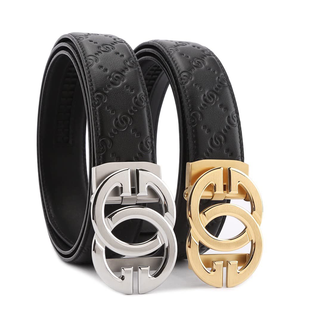KLWINO Men's Personalized Embossed Leather Belt with Automatic Buckle Ratchet Dress Belt, Adjustable Length (Black Gold, Adjustable from 20" to 44" Waist)