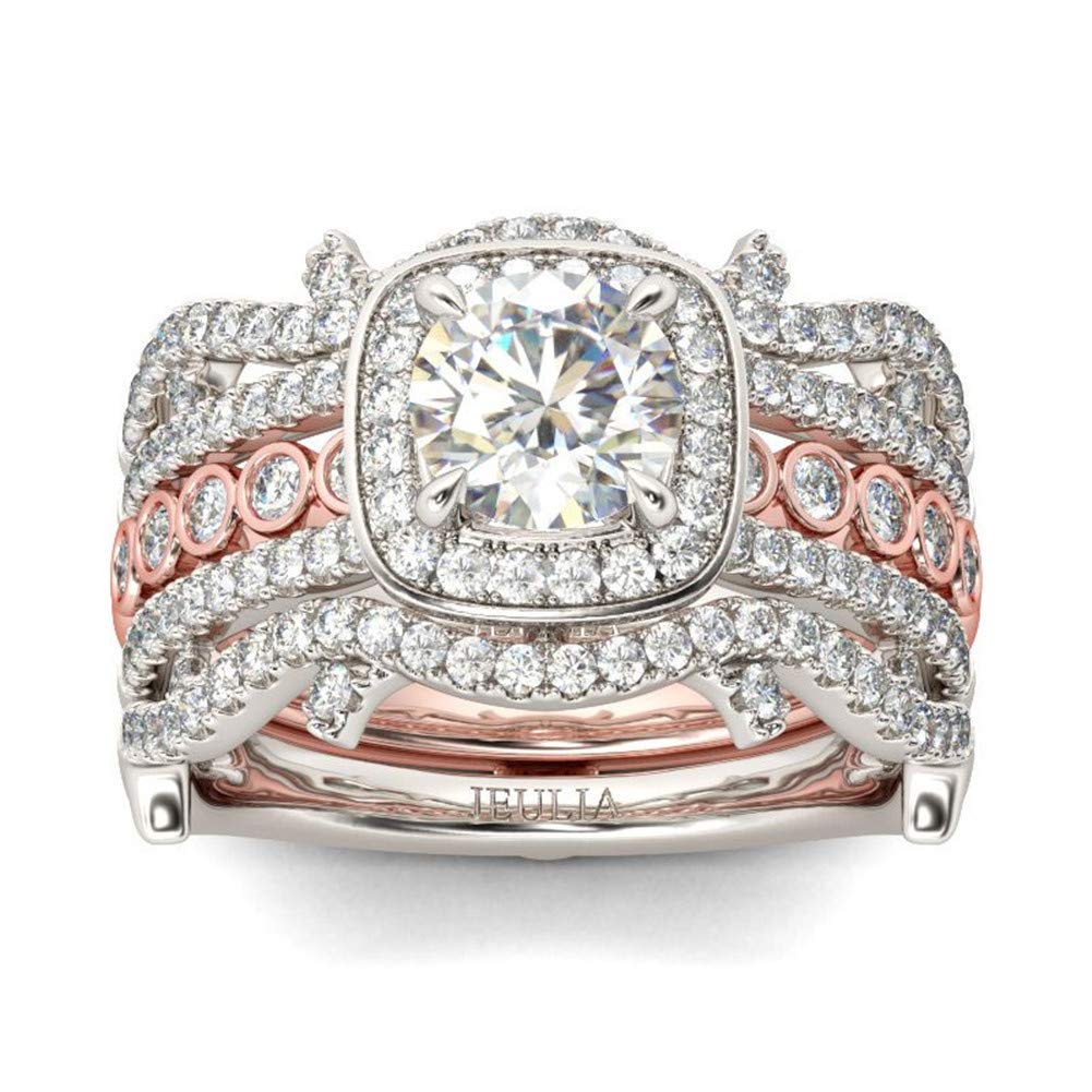 Jeulia Two Tone Interchangeable Rings Rose Gold Plated Engagement Rings Halo Round Cut Twisted Bridal Set Sterling Silver Wedding Anniversary Promise Rings (7)