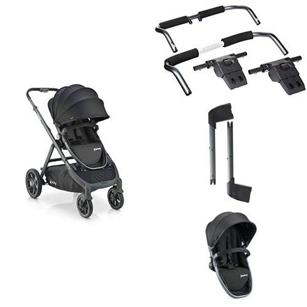 Joovy Qool Double Stroller with 2 Graco/Chicco Car Seat Adapters + Qool Front Adapters + Second Seat, Twin Travel System, Black Melange