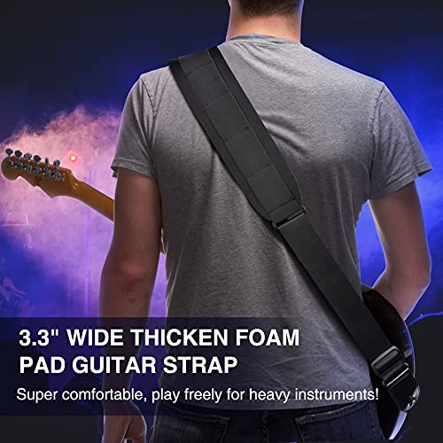 LEKATO Guitar Strap, Bass Straps for Electric Guitar with 3.3" Wide Sponge Pad for Effective Decompression Padded Bass Guitar Straps Adjustable Length from 42" to 58" with 2 Safety Locks & 6 Picks