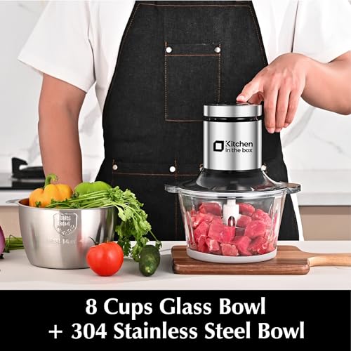 Kitchen in the box Food Processors,Small Meat Grinder & Food Chopper Electric Vegetable Chopper with 2 Bowls (8 Cup+8 Cup)& 2 Bi-Level Blades for Meat/fish/Vegetable/Baby Food,400 W (Black)