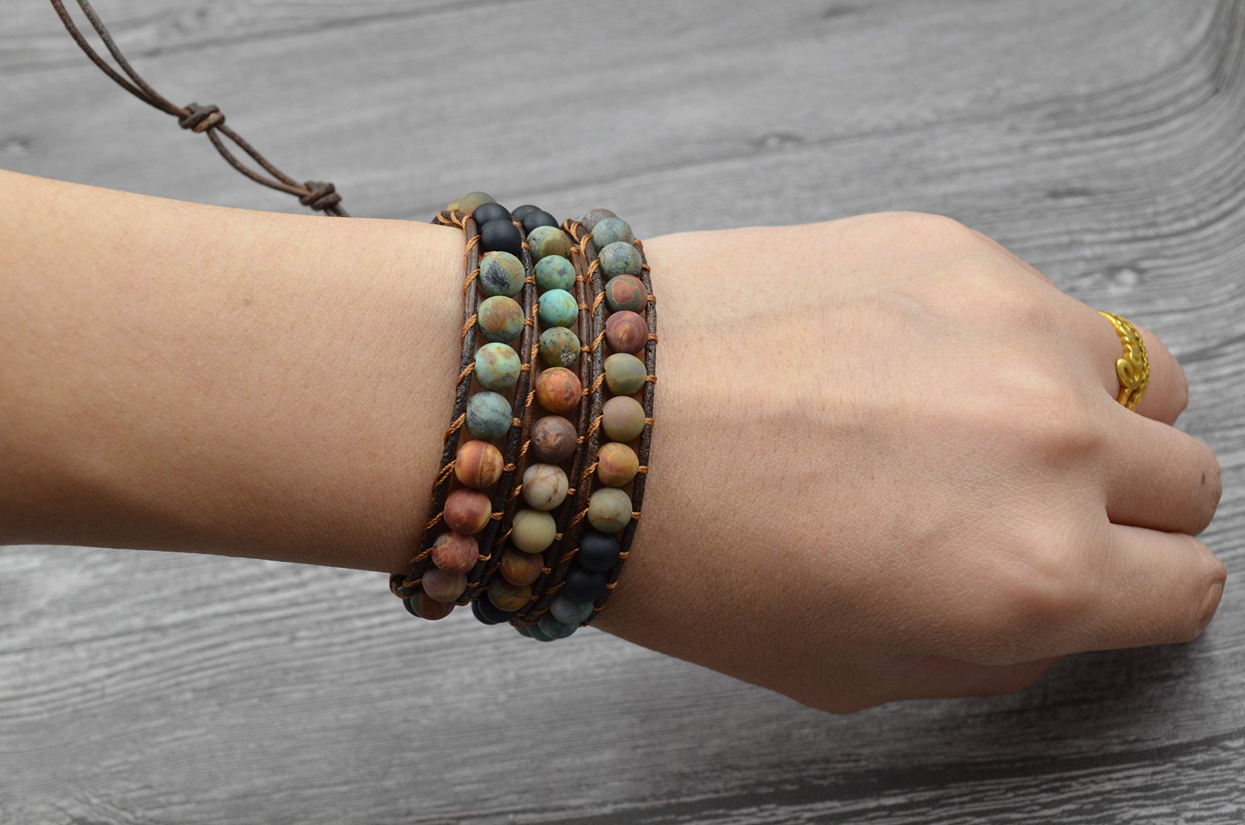 Izpack Fashion Love Heart Beaded Leather 3 Wrap Bracelets for Women Handmade Boho Natural Stone Ball Beads Wrist Bracelet Nice Gifts New Adjustable