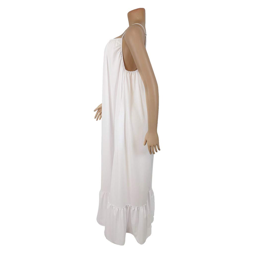 Keepfit Women Maxi Dress Trendy Spaghetti Straps Sling Dress Summer Ruffle Backless Solid Swing Dress White