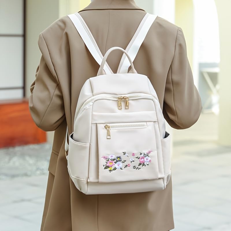 Kteubro Nylon Flower Embroidery Backpack, Large Capacity Laptop Bag With Adjustable Strap For Work & Travel
