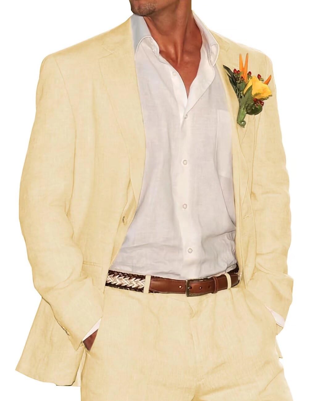 HUUTOE Two Piece Mens Linen Suit for Men Yellow Linen Suits for Beach Wedding Two Piece Mens Linen Suit XXXL 2024