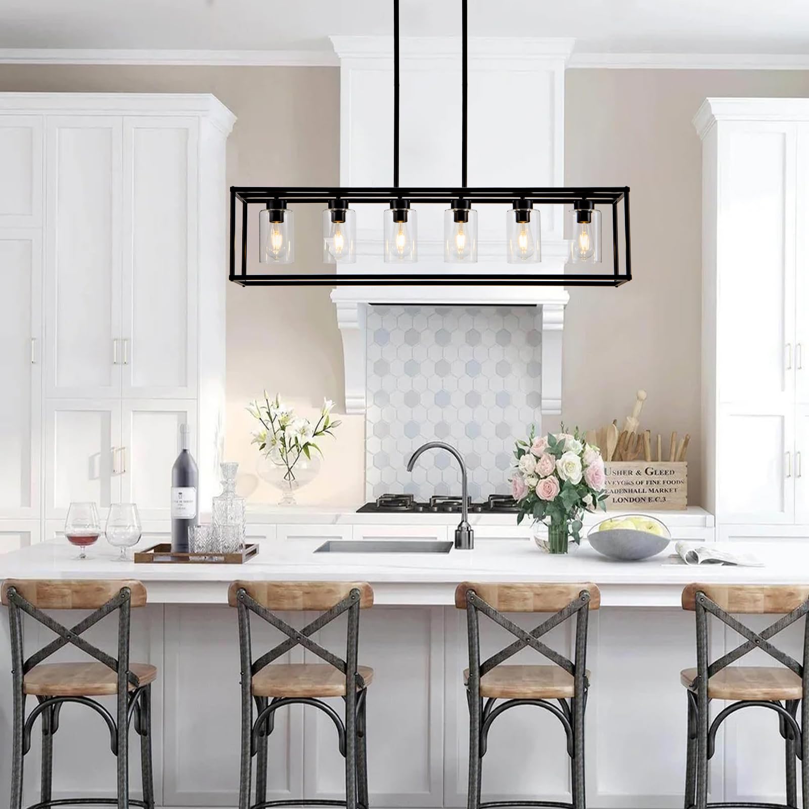 HCCZ 6 Light Dining Room Light Fixture Black Farmhouse Chandelier Kitchen Island Pendant Lighting Rectangle Modern Industrial Living Room Hanging Lights Adjustable Height