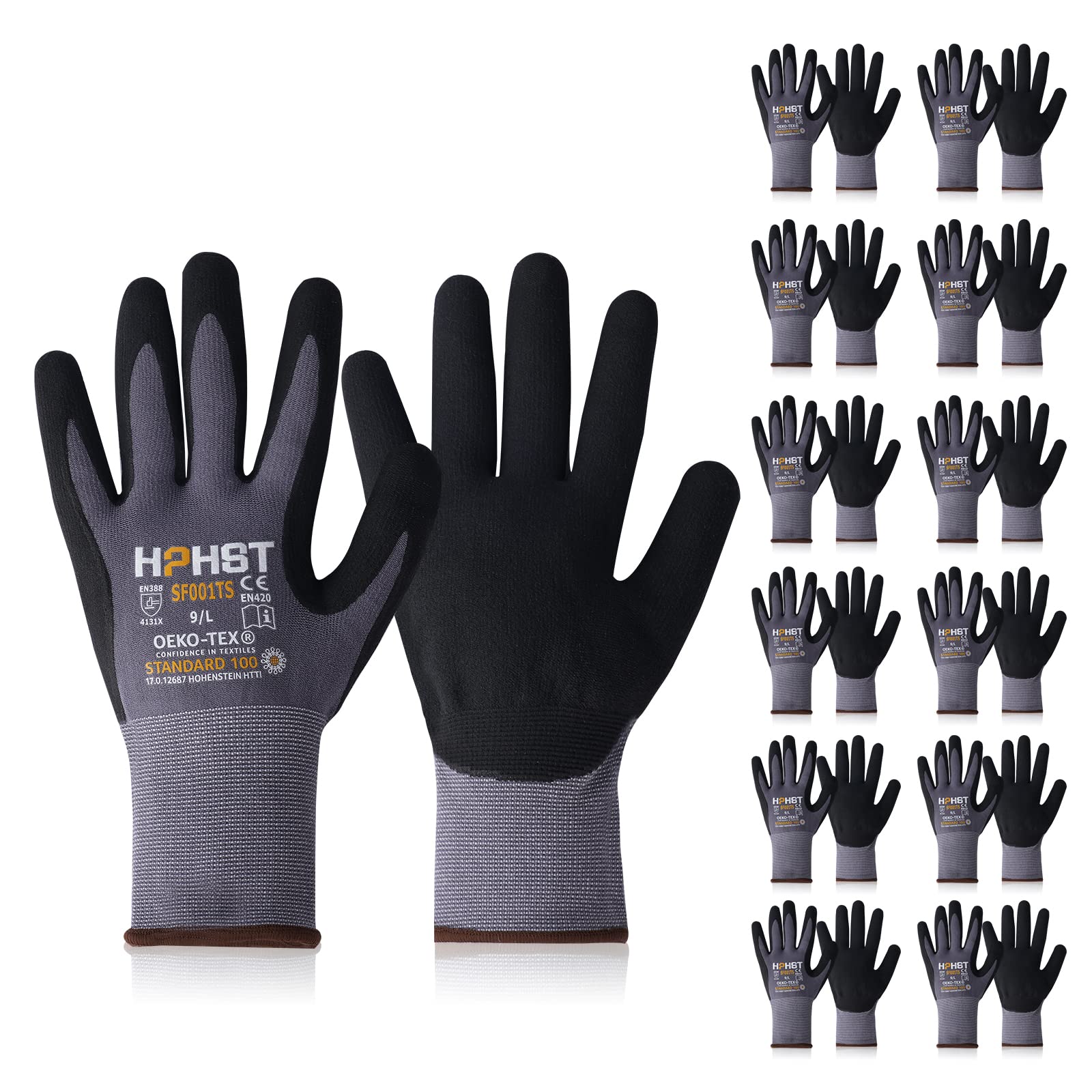HPHST Nitrile Work Gloves SF001TS,Micro Foam Technology & Spandex Liner Nitrile Coated,CE Approved 15 Gauge Ergonomic Design,Smart Touch,Thin Machine Washable,Grey Small 12 Pairs Pack