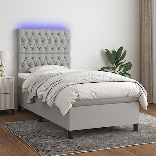 vidaXL Box Spring Bed with Mattress and LED Bedroom Upholstered Single Bed Frame Base Mattress Protector Foam Topper Light Gray Twin XL Fabric