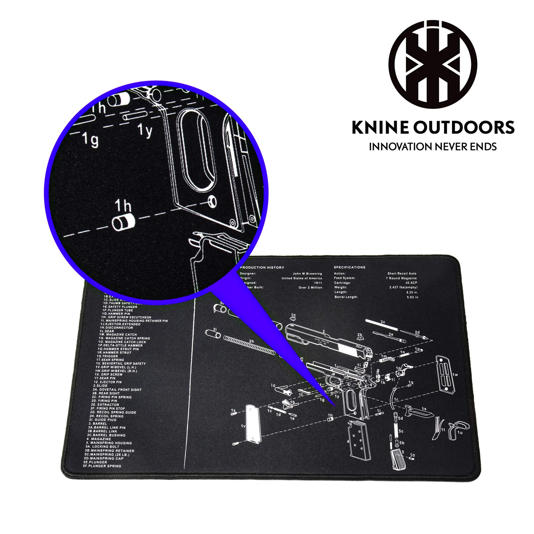 KNINE OUTDOORS Non-Slip Handgun Cleaning Mat Detailed Pistol Diagram & Assembly Instructions Thick & Durable Oil Resistant & Waterproof Rubber Material Protective Mat, 17”x11”, 2 Pack, (1911)
